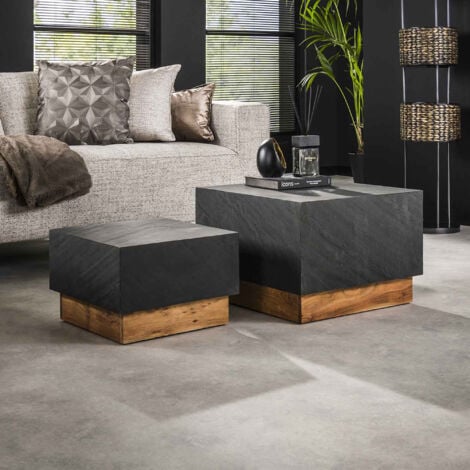 Lot de 2 tables basses cubes en ardoise et acacia naturel