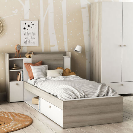 Lit extensible 90x190/200 cm avec étagère, tiroir décor chêne - ALICE