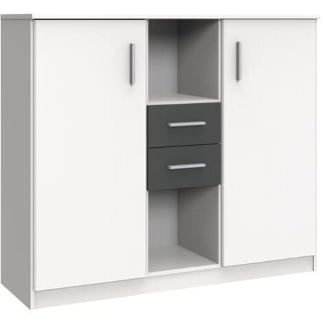 Commode 2 portes 2 tiroirs blanc et anthracite - AMEDA