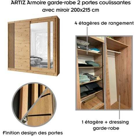 ARTIZ Armoire garde-robe 2 portes coulissantes avec miroir 200x215 cm