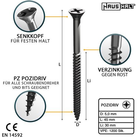 HausHalt Tornillo universal para madera 5,0x45mm - PZ2 - Plateado ...