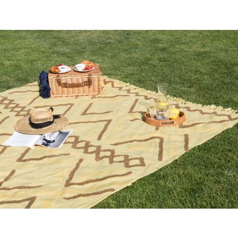 Picknickdecke Gelb aus Baumwolle 150 x 200 cm mit Isolierung Fransen ...
