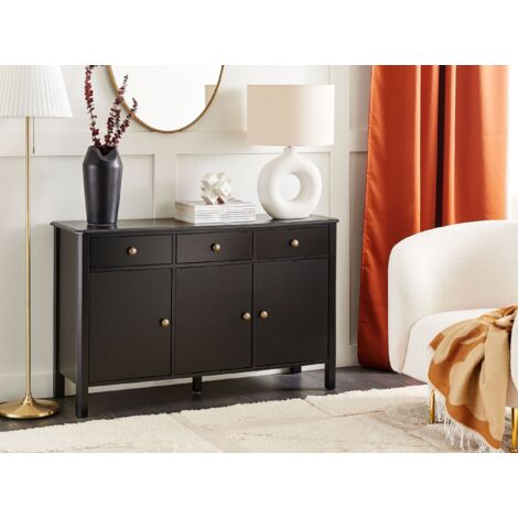 Sideboard Schwarz MDF Platte 120 x 39 x 75 cm mit 3 Turen 3 Schubladen Goldenen Griffen Metallgestell Modern Wohnzimmer Buro Schlafzimmer Flur