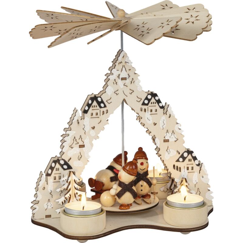 Saico Weihnachtspyramide Schneemänner für 4 Teelichter Holz 23 cm natur