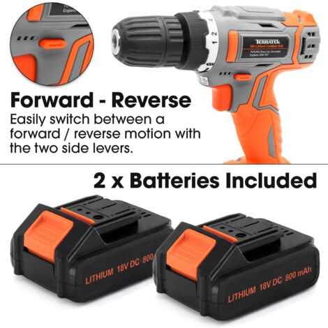 Terratek 18V 20V Max Cordless Drill Driver Electric Screwdriver Bit Set LED Light 2 x Batteries