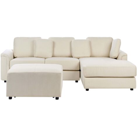 Divano ad angolo con pouf in tessuto beige chiaro lato sinistro Kohlo