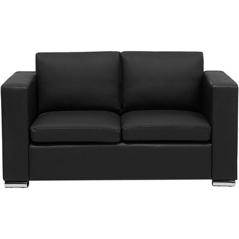Divano a 2 Posti Nero Rivestimento in Vera Pelle Gambe Cromate Helsinki