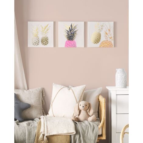 Set di 3 Stampe su Tela Oro e Rosa con Ananas 30 x 30 cm Apesika