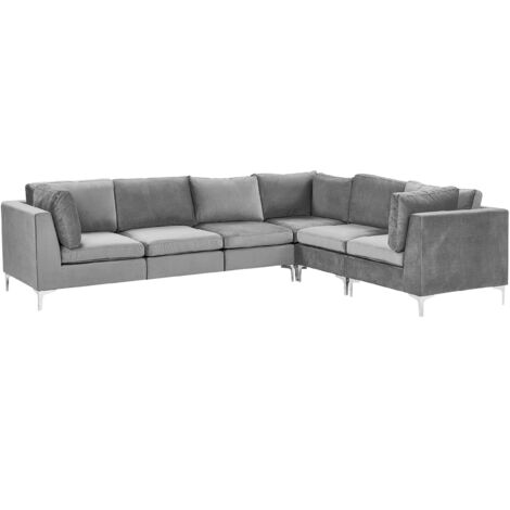 Divano Angolare Modulare Sinistro Velluto Grigio 6 Posti Gambe Metallo Evja