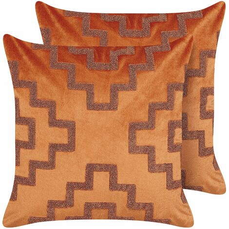 Set di 2 cuscini decorativi 45x45 cm velluto motivo geometrico arancio ...