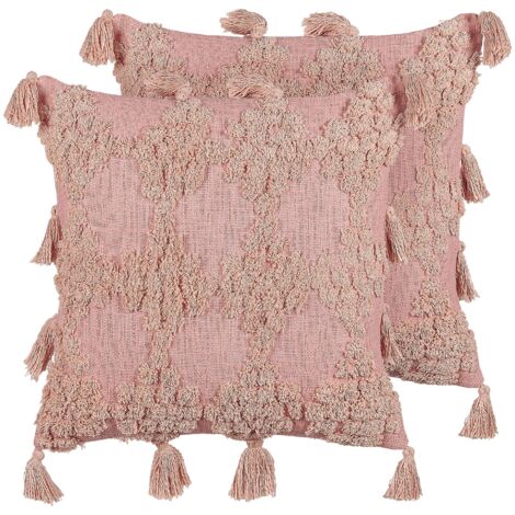 Set di 2 cuscini cotone boho motivo geometrico nappe 45 x 45 cm rosa ...
