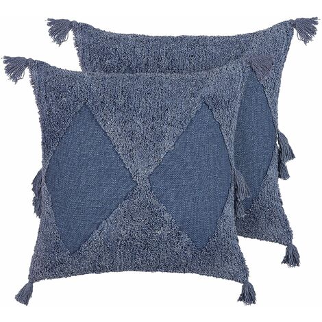 Set di 2 cuscini cotone boho geometrico nappe 45 x 45 cm blu Avium