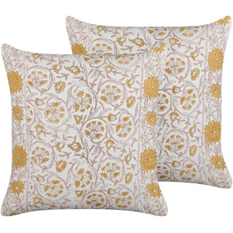 Set di 2 cuscini cotone boho motivo floreale 45 x 45 cm bianco e giallo ...