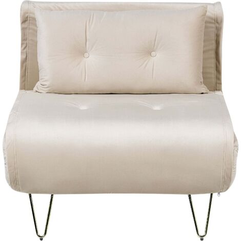 Divano letto 1 posto in velluto beige con cuscino e gambe in metallo ...