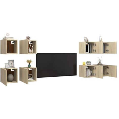 Ensemble meuble TV suspendu chene design scandinave salon moderne ...