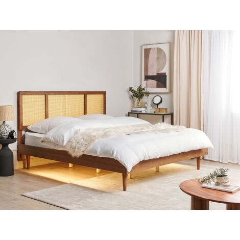 Cama LED con somier moderno cabecero trenza vienesa madera de caucho ...