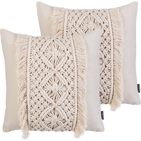 Conjunto de 2 cojines de algodón con relleno macramé patrón boho flecos ...