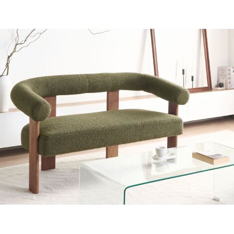 Sofá 2 plazas retro salón tapizado de bouclé patas de madera verde y ...