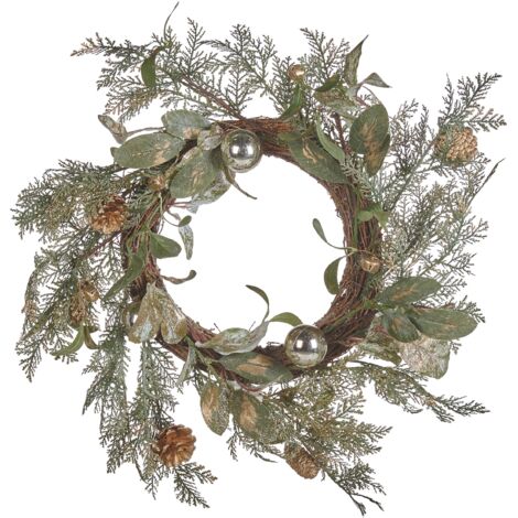 Corona verde dorado 45 cm sintético ramas piñas bolas nieve Navidad Hovila