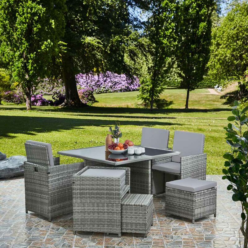 Deluxe 9 Piece 8 Seater Rattan Dining Garden Cube Set Grey Grey
