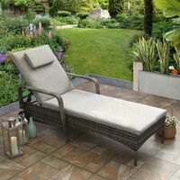 RayGar Rattan Sun Lounger Adjustable Recline with Cushions - Grey
