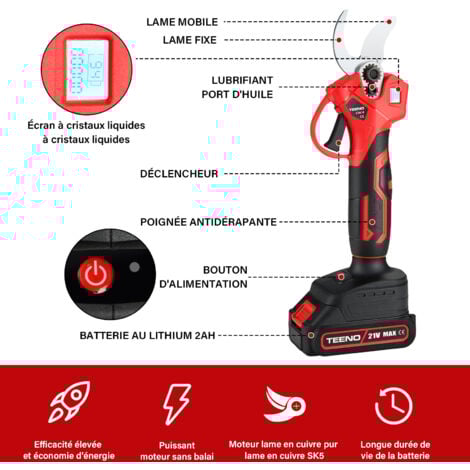 TEENO Sécateur Électrique Sans fil 2x2000mAh，30CM，pour la taille, le ...