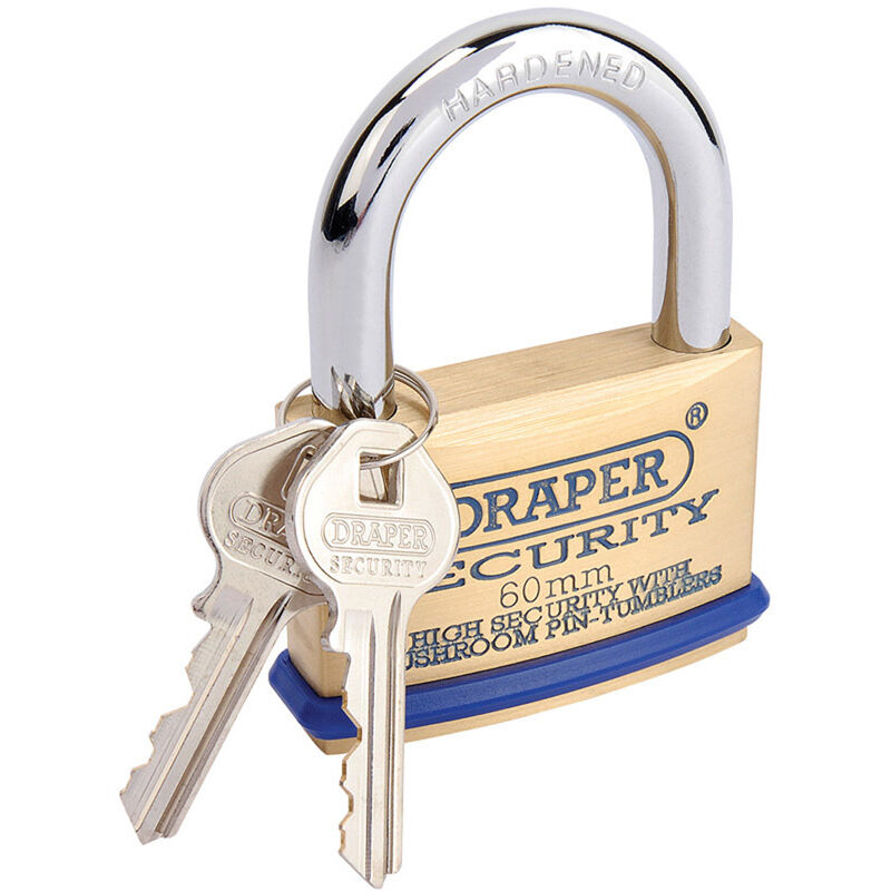Draper 60mm Solid Brass Padlock and 2 Keys with Mushroom Pin Tumblers ...