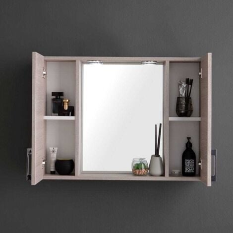 Specchio Bagno Contenitore Con Due Pensili Legno Rovere Grigio E Led