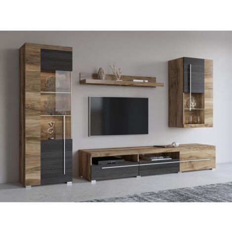 Composition murale BRAZZA – Meuble TV, vitrines et étagère – Noyer satin design