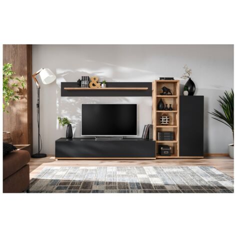 Composition murale RHYS – Meuble TV, colonnes et étagères – Chêne Ribbeck et noir mat