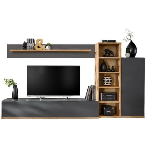 Composition murale RHYS – Meuble TV, colonnes et étagères – Anthracite et chêne Wotan