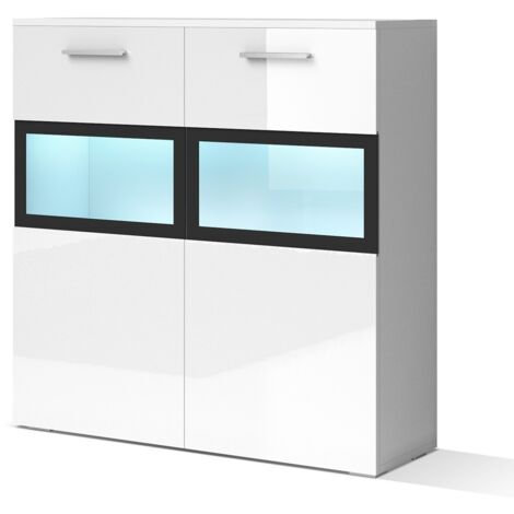 Buffet 2 portes vitrées et LED intégrées couleur blanc brillant ...