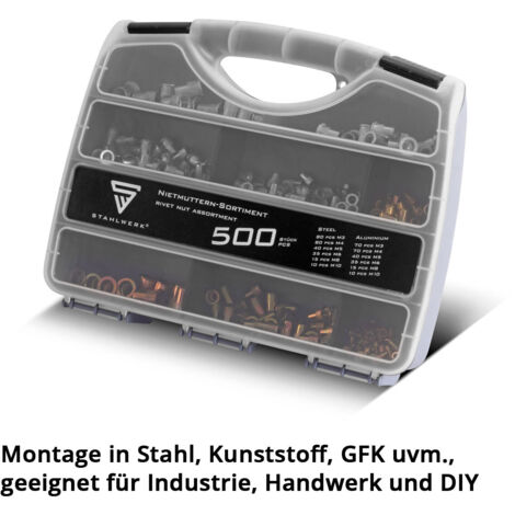 STAHLWERK Nietmuttern Set 500-teilig Gewindenieten Niethülsen Gewindedorne