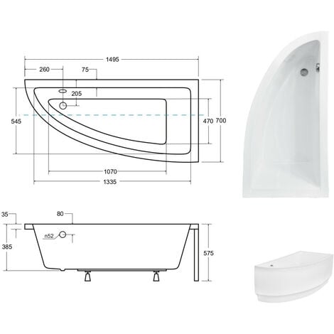 Bañera esquinera ORIEGO II 150 cm ángulo derecho, sin faldón