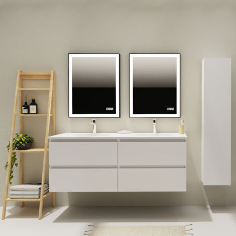Meuble salle de bain 140 cm - Double vasque Solid surface - Blanc mat - A suspendre - Karaib 2