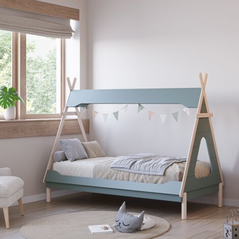 Lit tipi enfant 90x190 cm en bois vert kaki - Totem