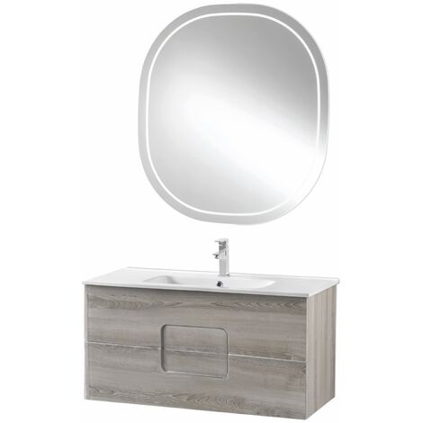 Mobile bagno sospeso e specchio LED ARCO 100 cm Rovere Grigio