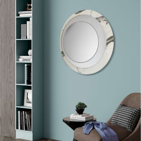 Specchio rotondo 80x80 cm in marmo laminato Bianco foglia argento - DAVID
