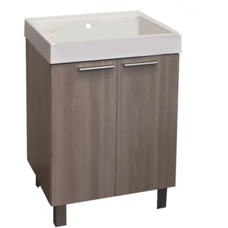Mobile lavatoio in legno Rovere Scuro con 2 ante e vasca in resina 59x51 cm