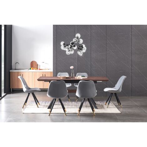Blaze LUX Sofia Dining Set - a Walnut Extendable Dining Table and Set of 6 Light Grey Velvet ...
