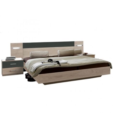 Lit futon avec chevets et éclairages Led ANGIE couchage 160 x 200 cm chêne hickory et graphite
