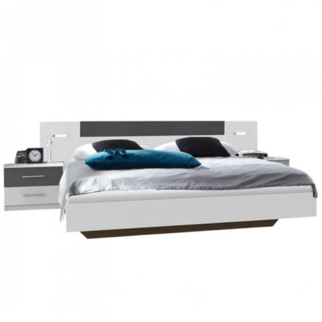 Lit futon avec chevets et éclairages Led ANGIE couchage 160 x 200 cm blanc et graphite