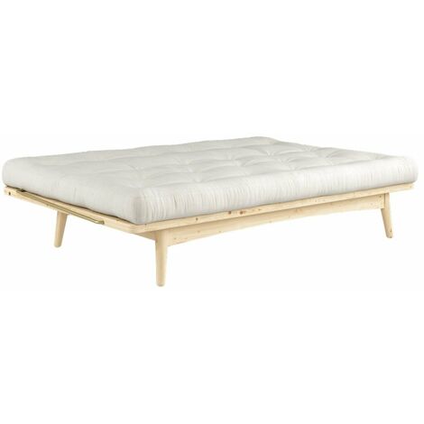 Banquette futon FOLK en pin massif coloris naturel couchage 130 x 190 cm.