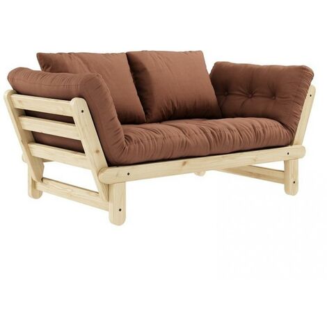 Banquette méridienne futon BEAT pin naturel tissu coloris brun argile ...
