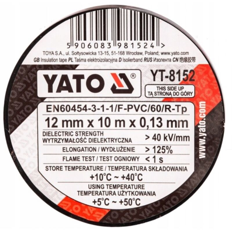 YATO YT-8152 RUBAN D'ISOLATION ÉLECTRIQUE EN PVC 0,13 MM 12 MM X 10 M NOIR