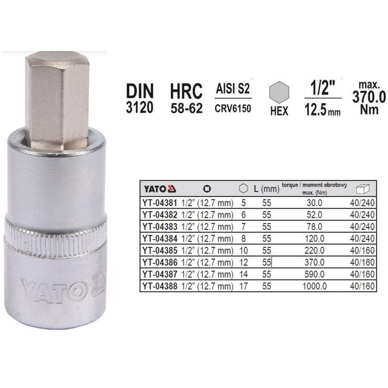 'YATO YT-04385 SOCKET BIT HEX 1/2 10 MM L55 MM