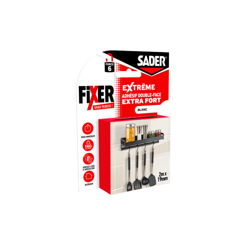 SADER ADHESIF DOUBLE FACE FIXER SANS PERCER EXTREME 2M x19mm