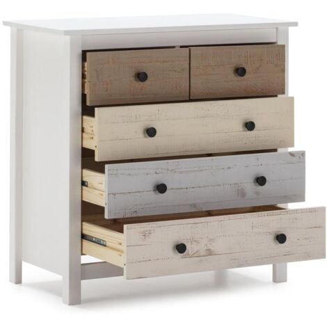 Commode magda blanc et tiroirs multicouleurs en pin massif.