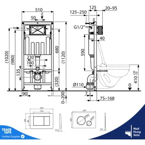 Rimless Wall Hung Toilet Pan Frame 1.12m Concealed Cistern WC Dual ...