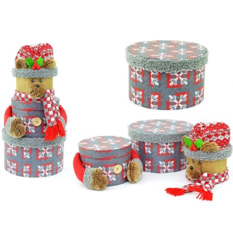 Reindeer Christmas Novelty Stacking 3 Pcs Set Xmas Decorations Gifts Present Round Shape Boxes for Chocolates